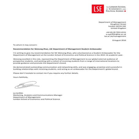 DoM Student Ambassador Recommendation Letter - Weicong Zhao | PDF