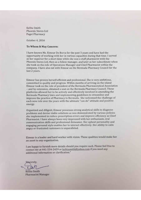 Character Reference for Eimear Burke From Craig Colwell | PDF