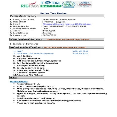 Ali kassem -Toolpusher ON Shore | PDF