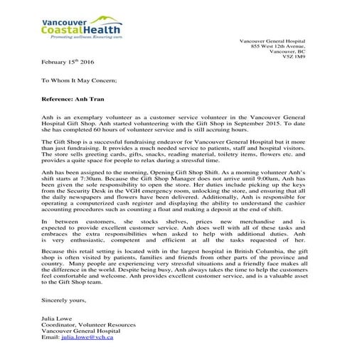 Tran, Anh - Reference Letter - VGH Gift Shop | PDF