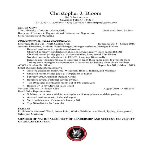 Christopher Bloom Revised Resume 06 2014 | DOC | Sales | Business