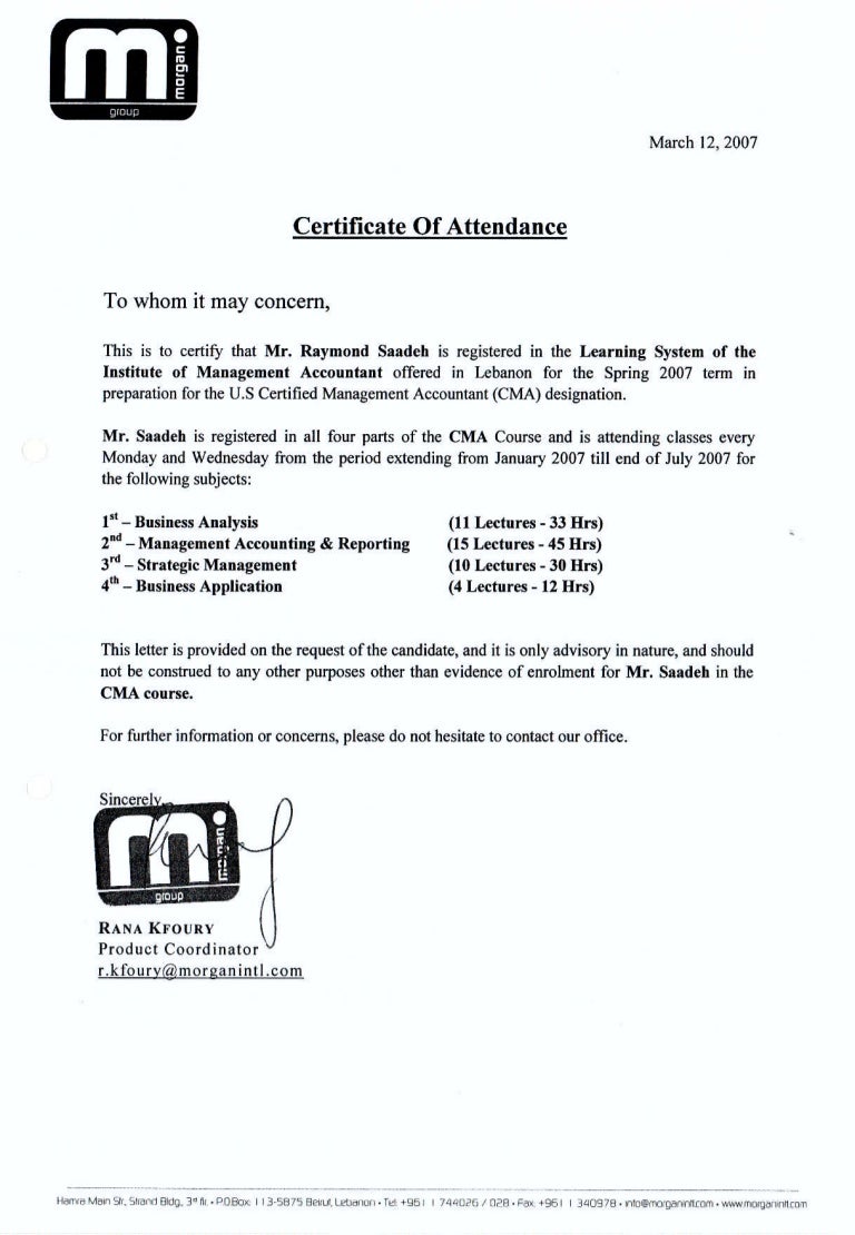 CMA Certificate of Attendance