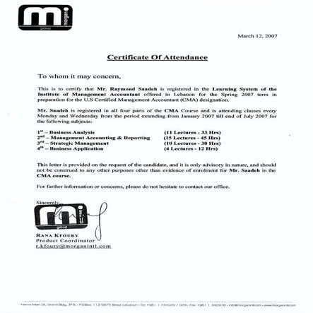 CMA Certificate of Attendance | PDF