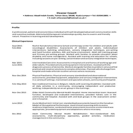 Eleanor Cowell OT CV | DOCX | Physical Therapy | Wellness