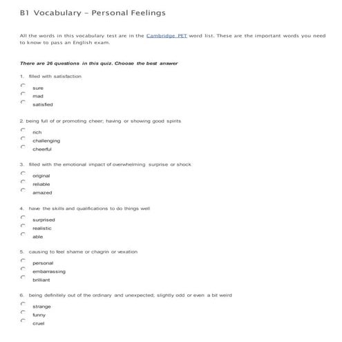 B1 vocabulary personal feelings | DOCX