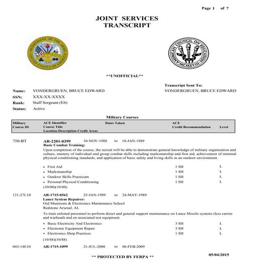 Joint Service Transcript | PDF