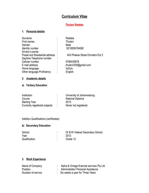 CURRICULUM VITAE. afrikaans docx | PDF