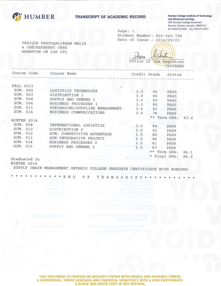 Humber College Transcript