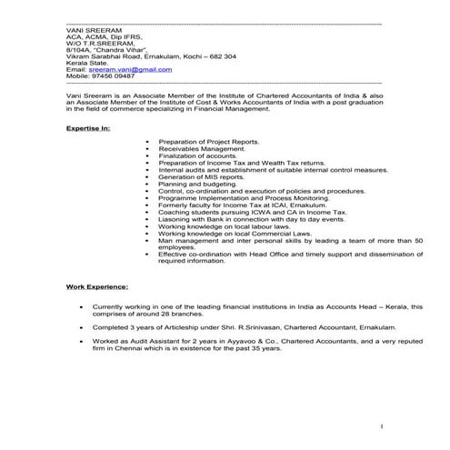 Resumevani | DOC | Business Accounting & Finance | Business