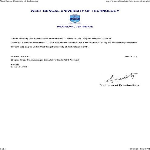 Provisional Certificate West Bengal University of Technology | PDF