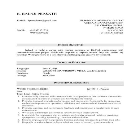 Team Lead role - Latest Resume - Balaji Prasath | DOC