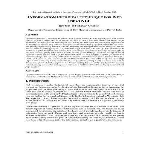 INFORMATION RETRIEVAL TECHNIQUE FOR WEB USING NLP | PDF