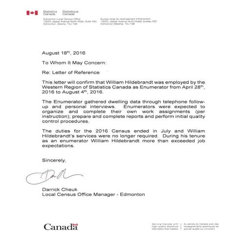 William Reference Letter (StatCan) | PDF