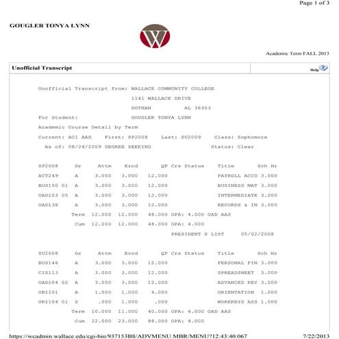 Wallace Unofficial Transcript (2) | PDF