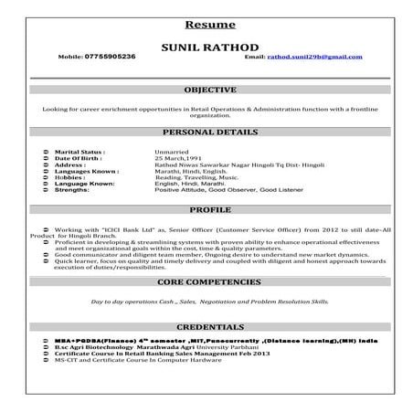 My Bank Resum Sunil rathod | DOC | Business Administration | Business
