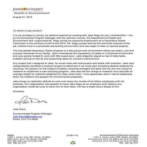 Jake Nagy Letter of Recommendation | PDF