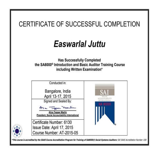 SA 8000 - Basic Lead Auditor course certificate | PDF