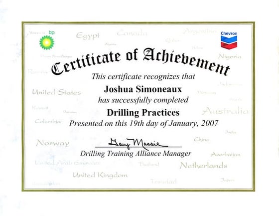 Joshua Simoneaux BOSIET Certificate | PPT