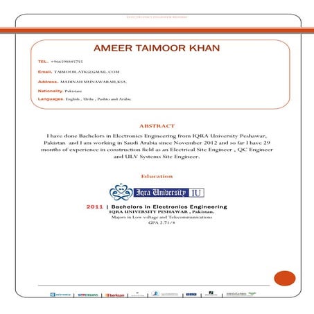 AMEER TAIMOOR KHAN cv 2016 | PDF