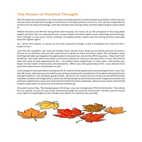 The Power Of Positive Thought | DOCX | Mental Health | Diseases and ...