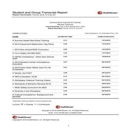 Healthstream TranscriptReport | PDF