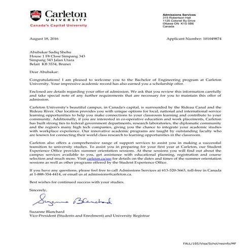 Carleton Acceptance Letter | PDF