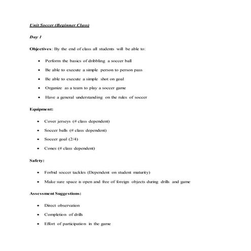 Unit Soccer lesson plan day 1 Beginner | DOCX