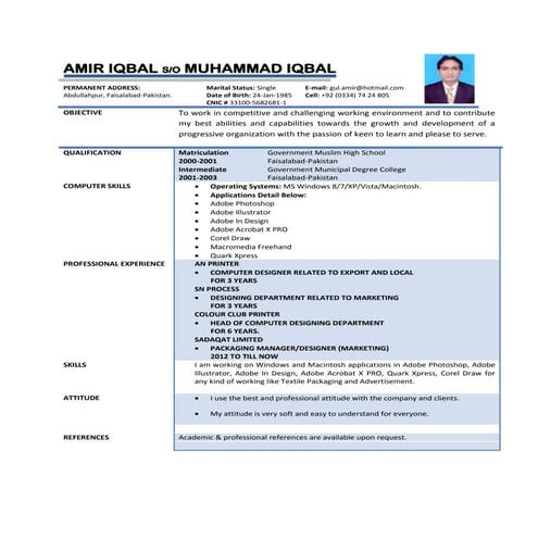 Amir Iqbal CV | PDF | Desktop Publishing | Computer Software and ...
