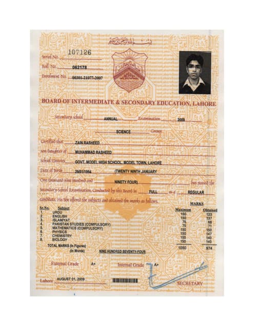 Matriculation Certificate | PDF