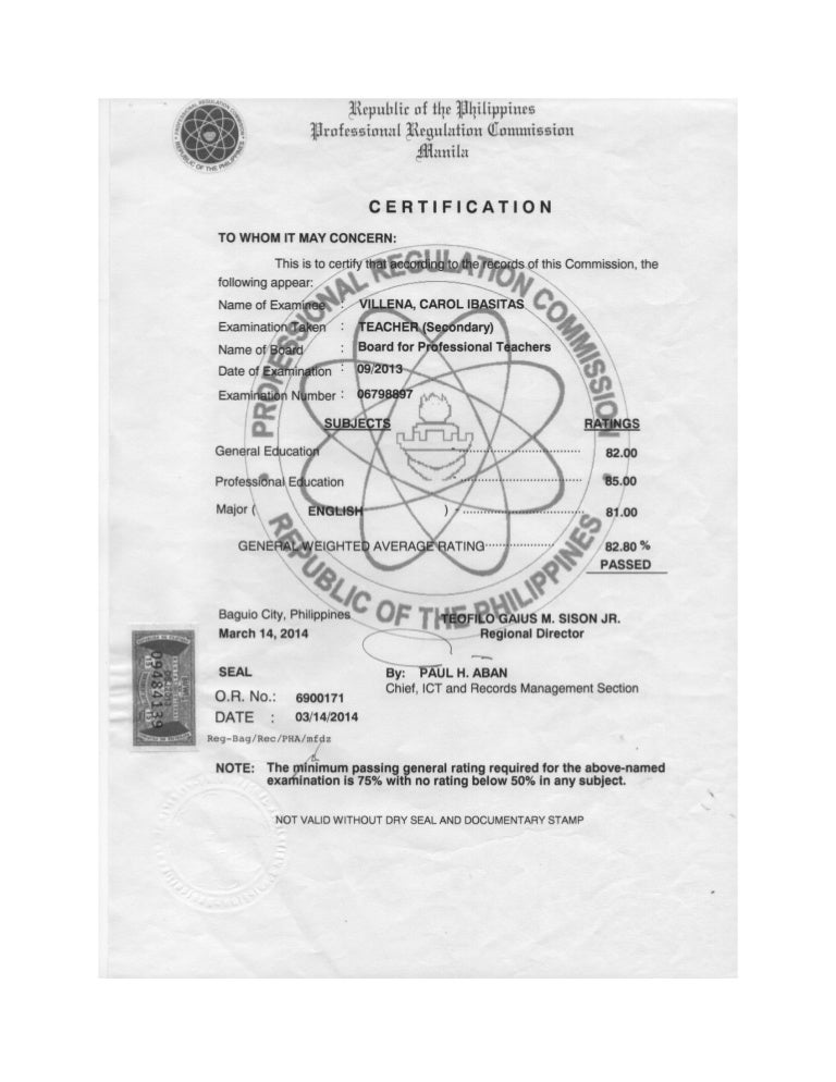 Certificate from Professional Regulation Commission rating