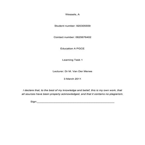 Education A - PGCE - Learning Task 1 'The New Learner' | PDF | Primary ...