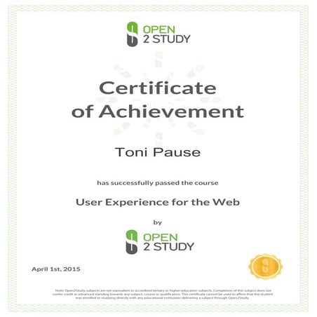 Open2Study - User Experience Design - Certificate of Achievement | PDF