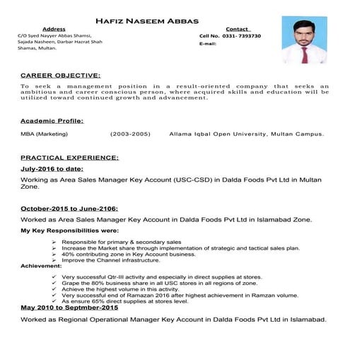 Hafiz Naseem Abbas CV | DOC | Sales | Business