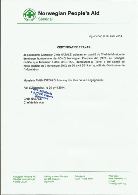 Fidele DIEDHIOU Certificate HI | PDF