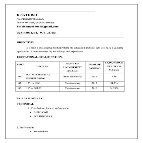 sathish resume employment | DOC