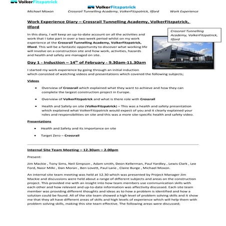 Work Experience Diary - VolkerFitzpatrick | DOC