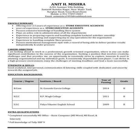 Resume for Store incharge | DOC