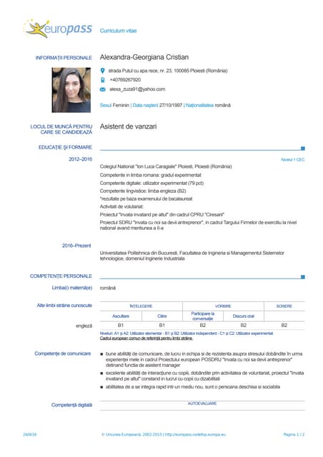 Model de curriculum vitae european | DOC
