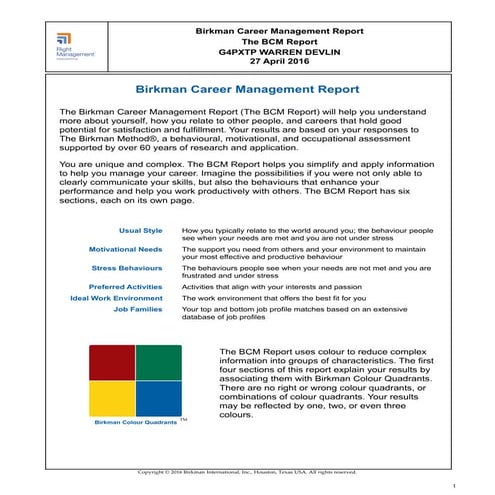 Birkman Career Managemant Report April 2016 | PDF | Resume Writing and ...