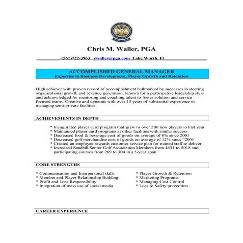 Golf Professional Resume Sample
