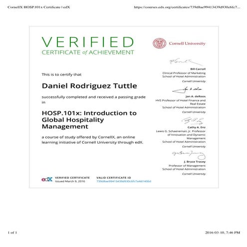 CornellX HOSP.101x Certificate | edX | PDF