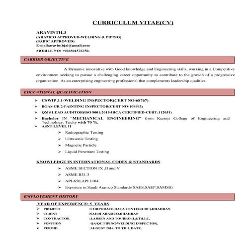 ARAVINTH(CV Aramco Approved) | DOC