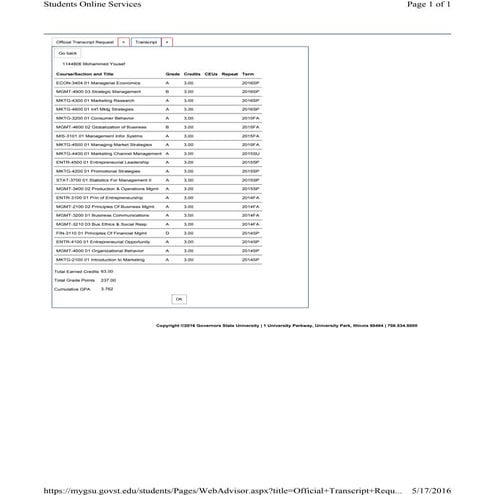 GSU Transcript | PDF | Business | Business and Finance