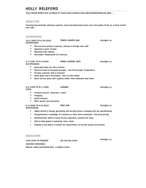 new resume 06-16.2 | DOCX | Bars & Restaurants | Attractions