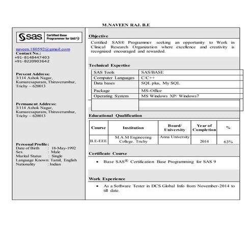 Naveen -SAS Base Certified Fresher_Resume | DOCX