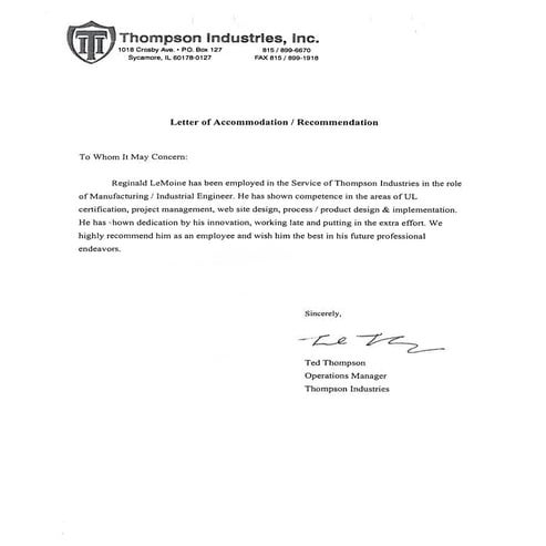 Letter of Recommendation from Ops. Mgr. Owner | PDF