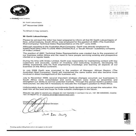 Imdex-AMC Letter of Reference_G Labuschagne | PDF