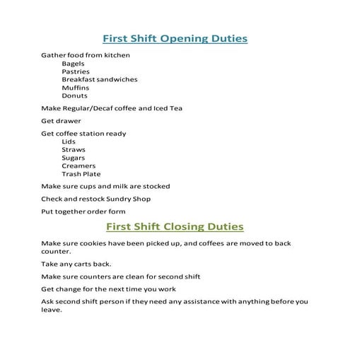 Opening & Closing Duties | DOCX