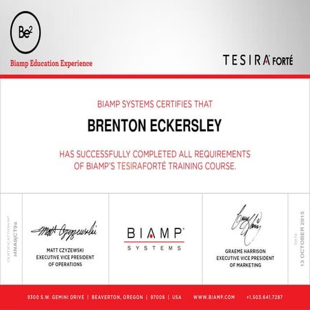 Biamp TesiraFORTE Certification - Brenton Eckersley | PPT