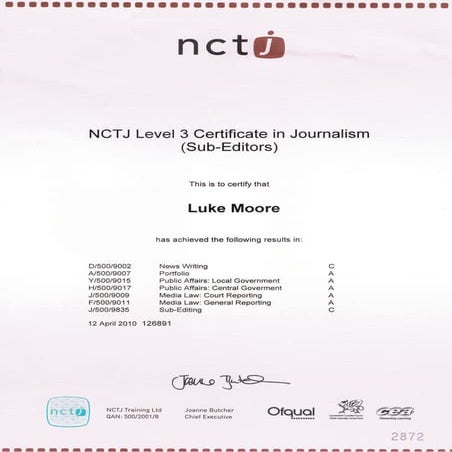 Luke Moore - NCTJ Certficate | PDF